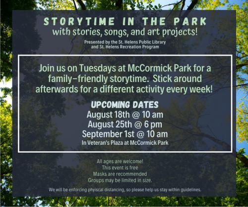 STORYTIME IN THE PARK AND ART IN THE PARK | City of St Helens Oregon